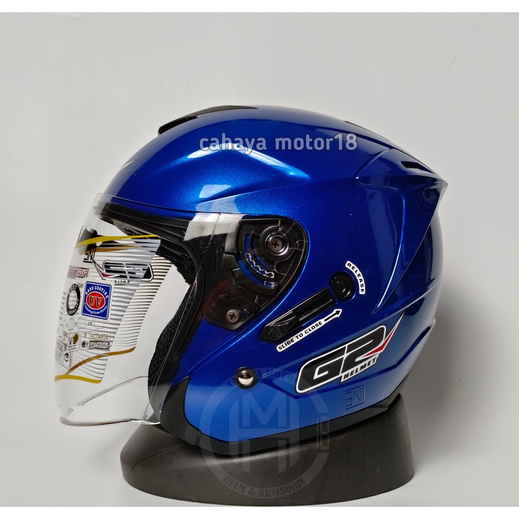 Jual HELM G2 SOLID BIRU|HALF FACE DOUBLE VISOR | Shopee Indonesia