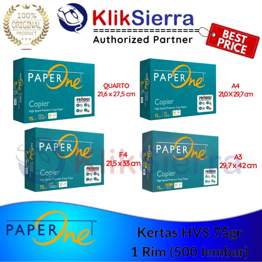 Jual Kertas HVS 75gr PaperOne A4 Q4 Quarto F4 A3 1 Rim 500 Lembar ...