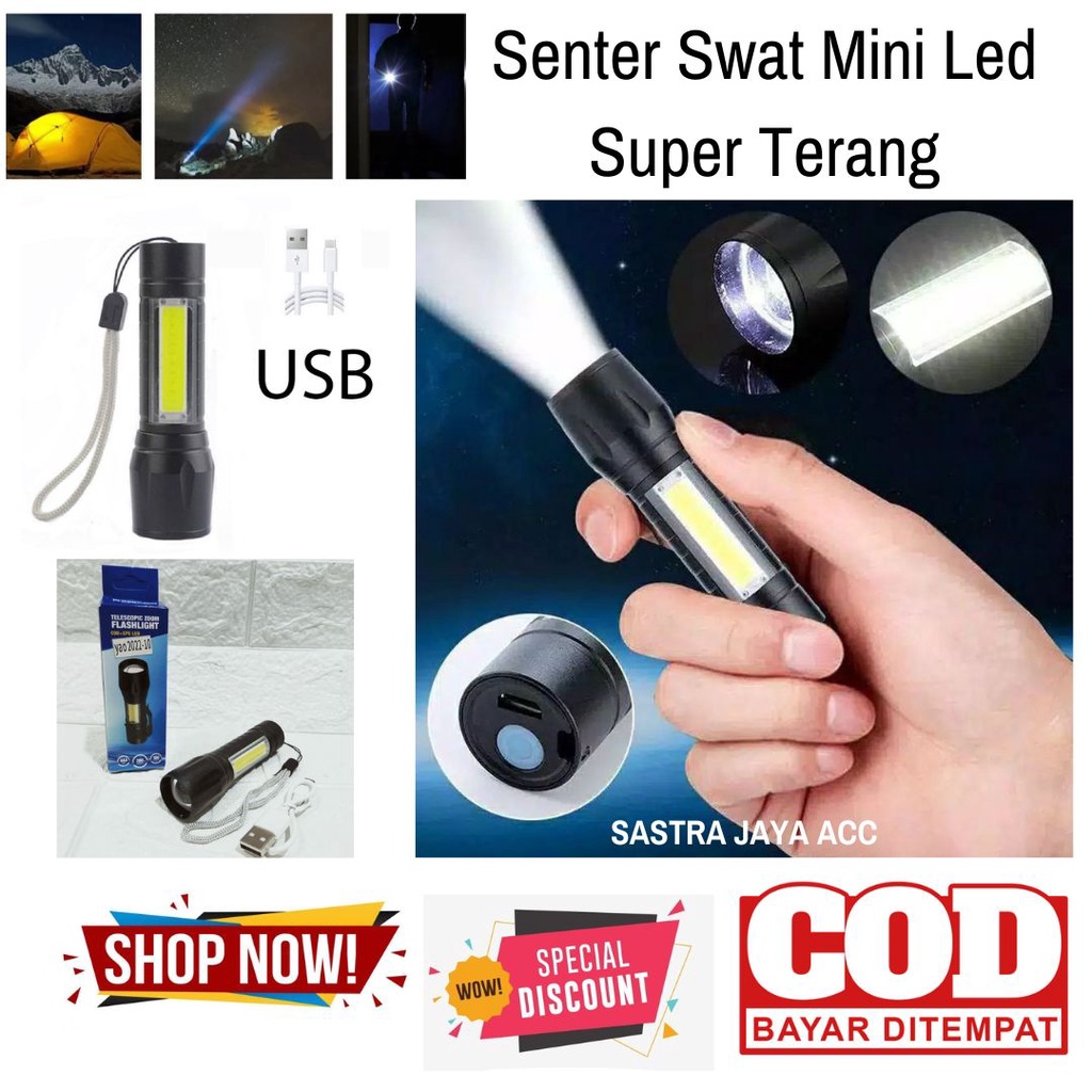 Jual Senter Swatt Mini Zoom Led XPE COB Rechargeable USB Flashlight 3 Mode Lampu Police Super ...