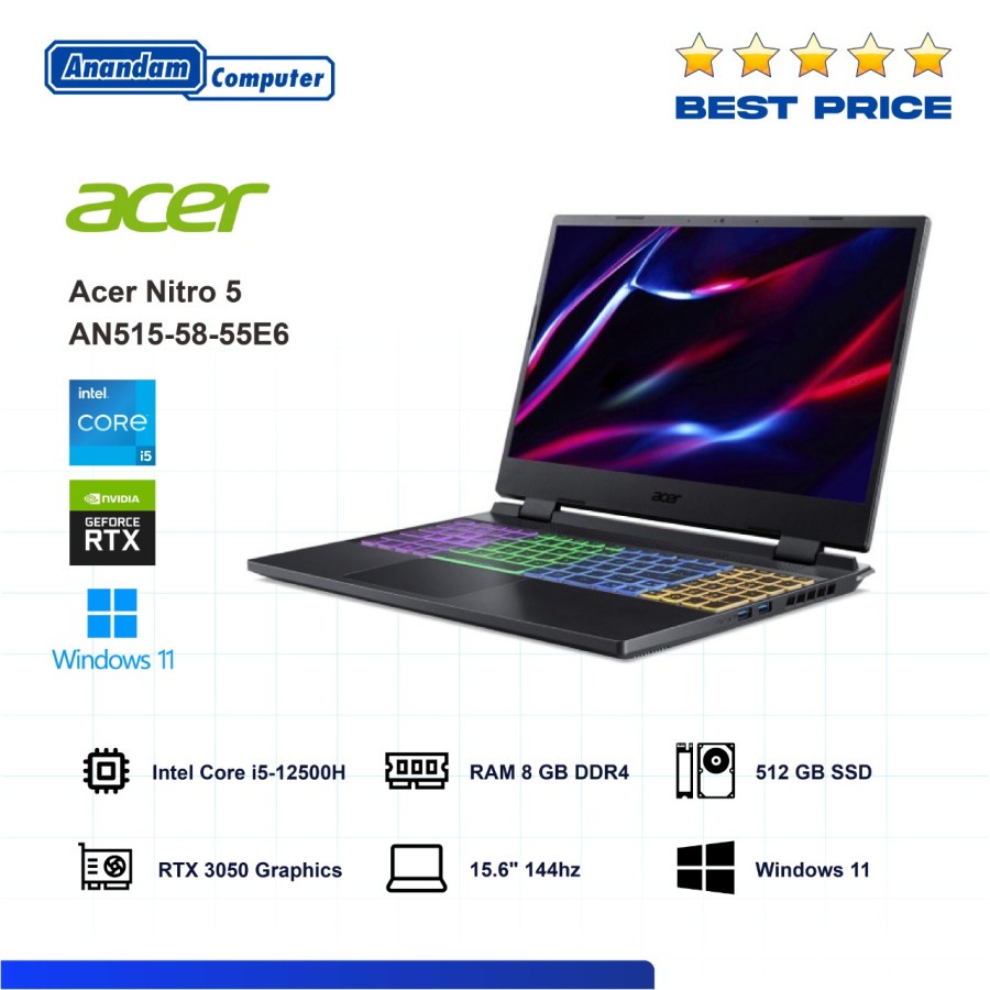Jual ACER NITRO 5 AN515-58-55E6 i5 12500H RTX3050 W11 OHS 15.6"IPS ...