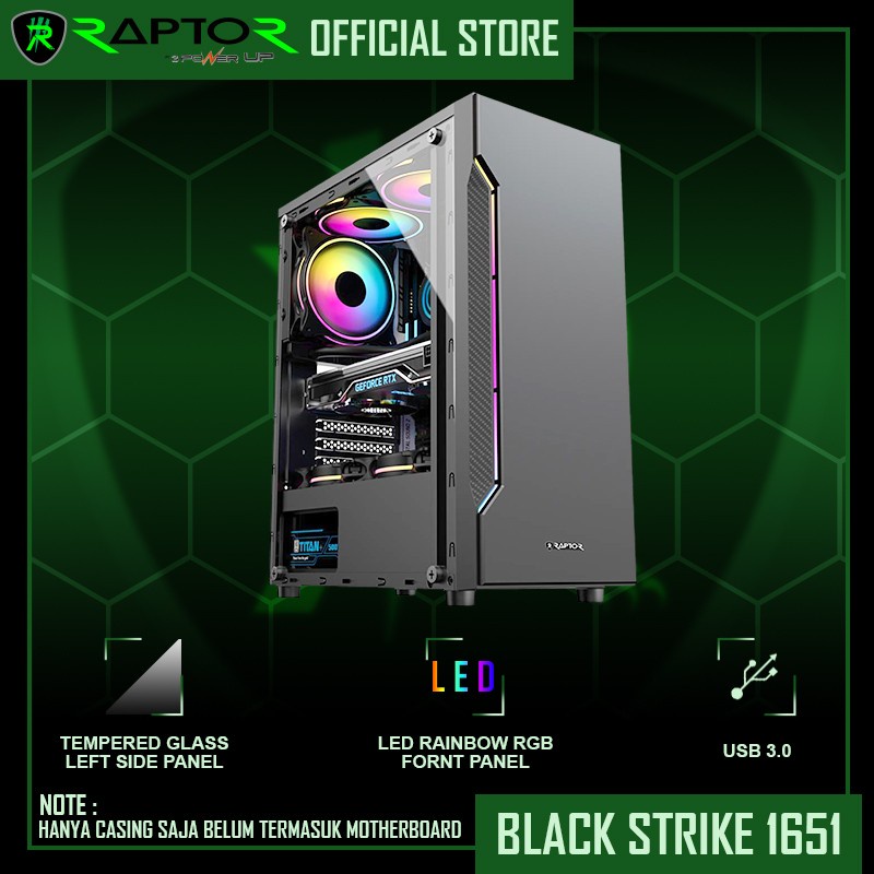 Jual Casing Gaming RAPTOR Black Strike 1651 - Tempered Glass - LED RGB ...