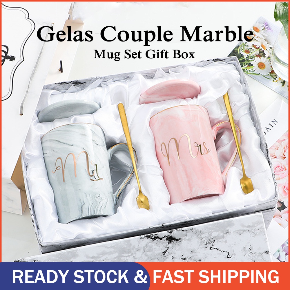 Jual CANGKIR GELAS COUPLE MR MRS / MUG COUPLE KERAMIK MARBLE GIFT BOX ...